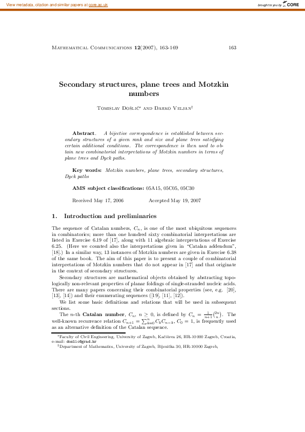 (PDF) Secondary structures, plane trees and Motzkin numbers