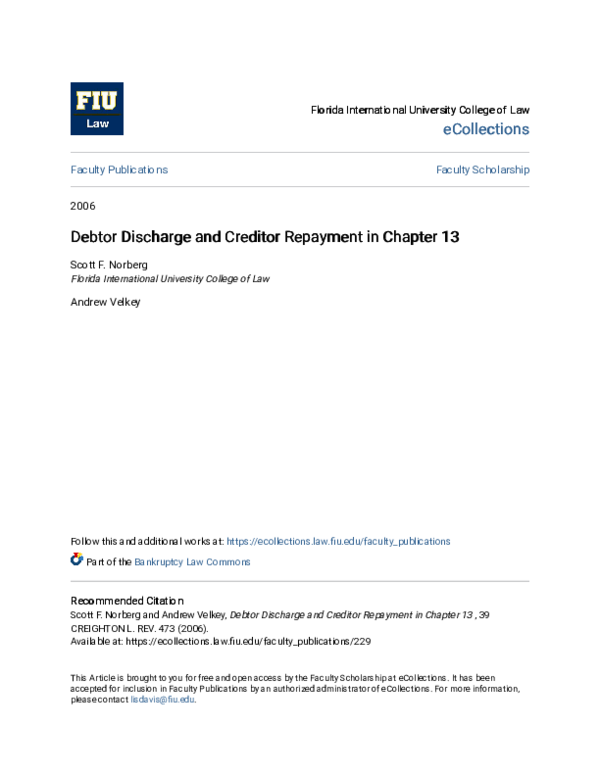 (PDF) Debtor Discharge and Creditor Repayment in Chapter 13 | Andrew Velkey - Academia.edu