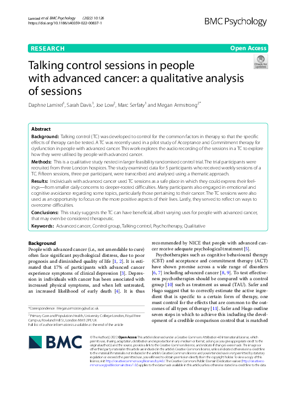 (PDF) Talking control sessions in people with advanced cancer: a ...