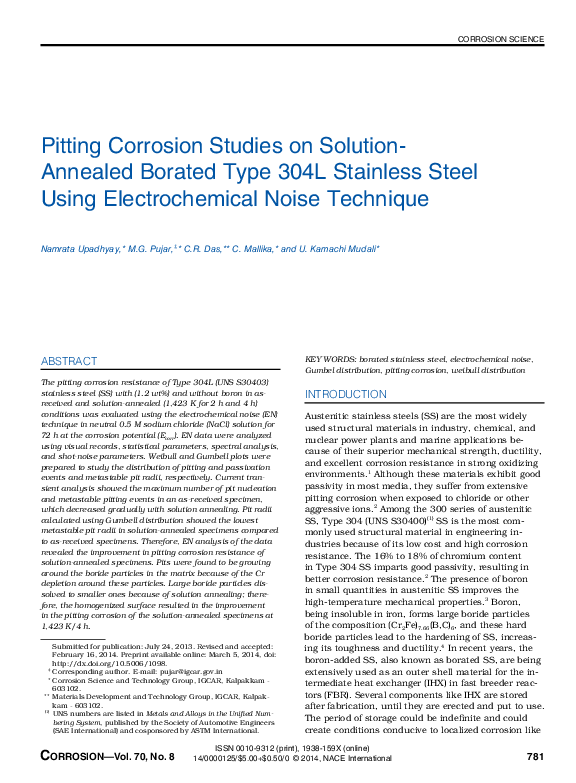 (PDF) Pitting Corrosion Studies on Solution-Annealed Borated Type 304L Stainless Steel Using ...