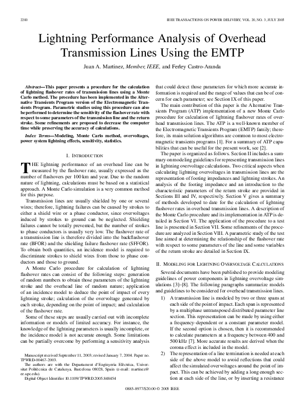 (PDF) Lightning Performance Analysis of Overhead Transmission Lines Using the EMTP