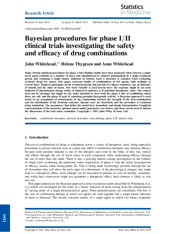 Pdf Bayesian Procedures For Phase I Ii Clinical Trials Investigating The Safety And Efficacy