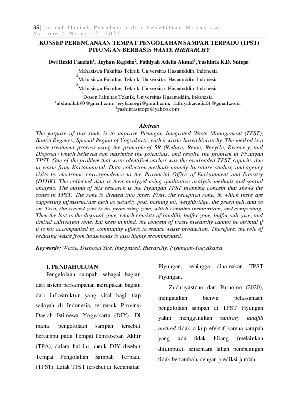 (PDF) Konsep Perencanaan Tempat Pengolahan Sampah Terpadu (TPST) Piyungan Berbasis Waste Hierarchy