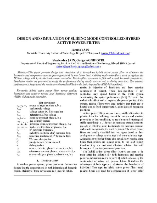 Pdf Design And Simulation Of Sliding Mode Controlled Hybrid Active Power Filter
