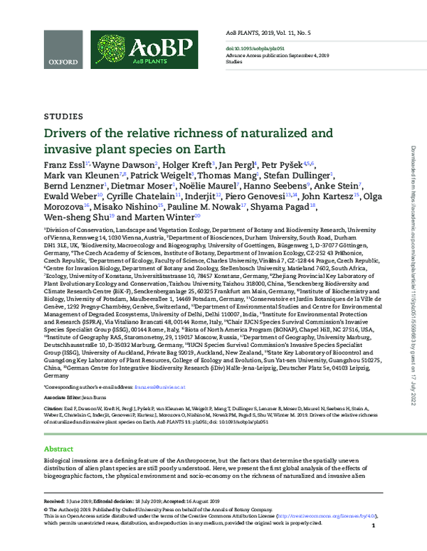 (PDF) Drivers of the relative richness of naturalized and invasive plant species on Earth