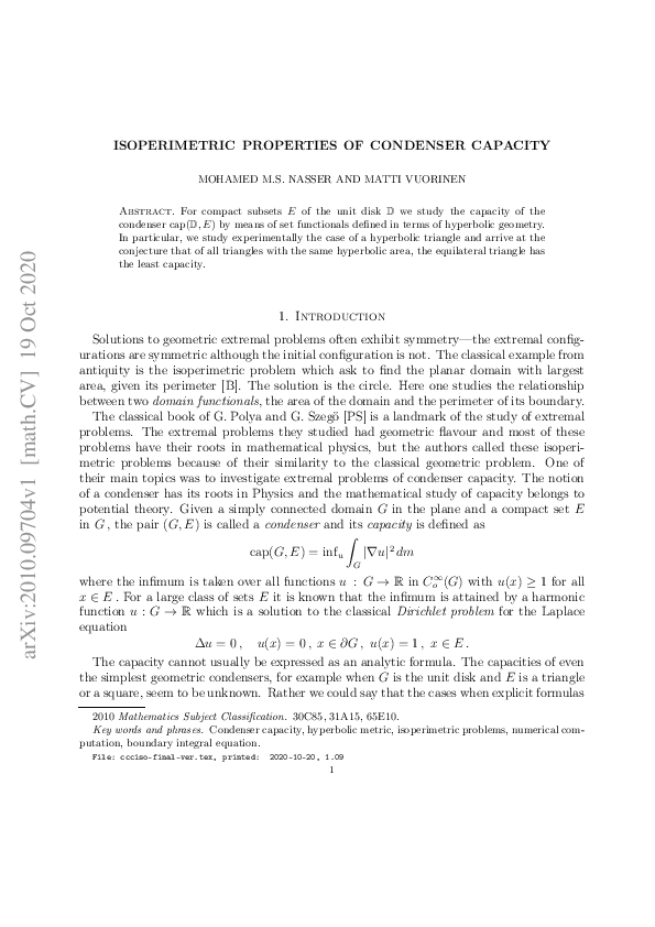 (PDF) Isoperimetric properties of condenser capacity