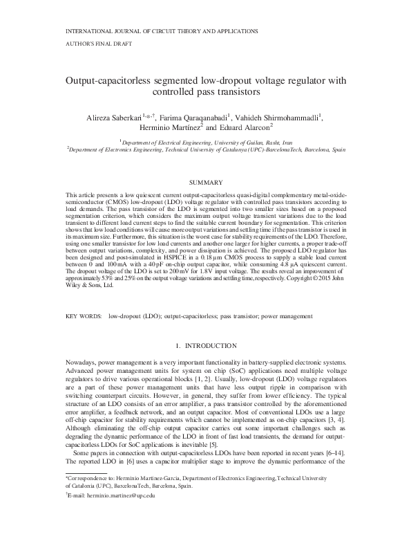 Pdf Output Capacitorless Segmented Low Dropout Voltage Regulator With Controlled Pass Transistors