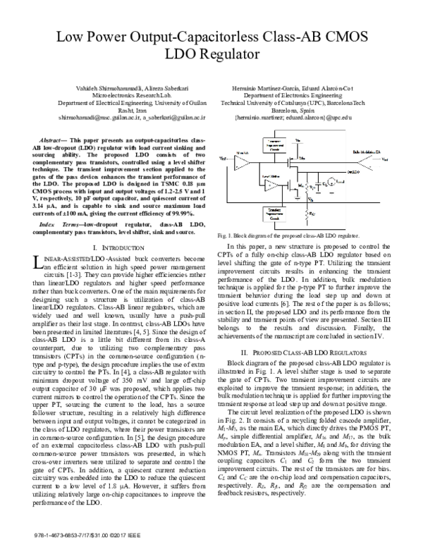 (PDF) Low power output-capacitorless class-AB CMOS LDO regulator