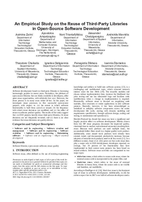 (PDF) An Empirical Study on the Reuse of Third-Party Libraries in Open ...