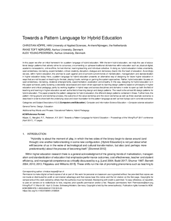 (PDF) Towards a pattern language for hybrid education