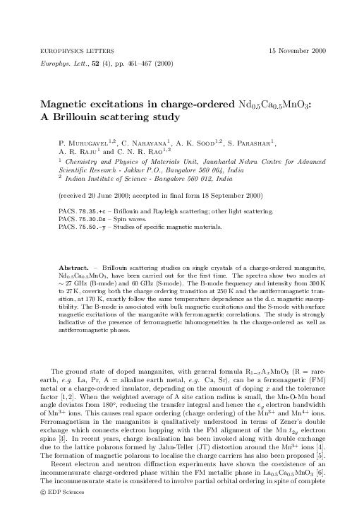 (PDF) Magnetic excitations in charge-ordered Nd 0.5 Ca 0.5 MnO 3 : A Brillouin scattering study