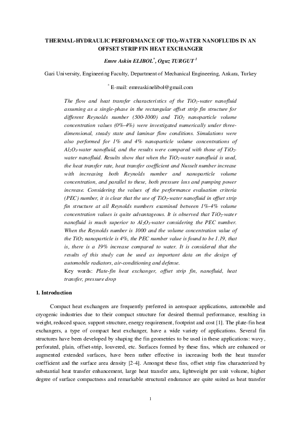 (PDF) Thermal-hydraulic performance of TiO2-water nanofluids in an offset strip fin heat exchanger