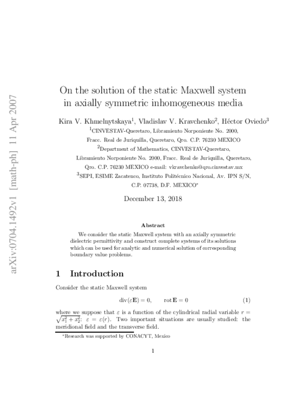 Pdf On The Solution Of The Static Maxwell System In Axially Symmetric