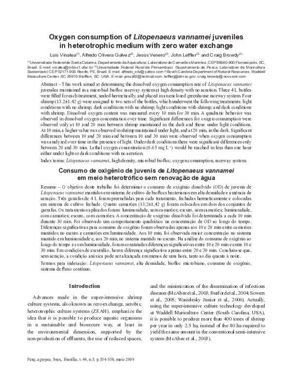 (PDF) Oxygen consumption of Litopenaeus vannamei juveniles in heterotrophic medium with zero ...