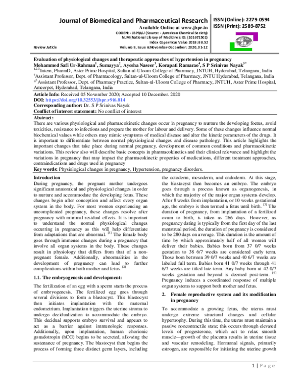 (PDF) Evaluation of physiological changes and therapeutic approaches of hypertension in pregnancy