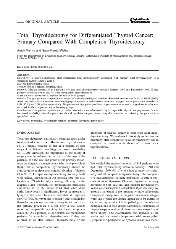(PDF) Total thyroidectomy for differentiated thyroid cancer: primary compared with completion ...