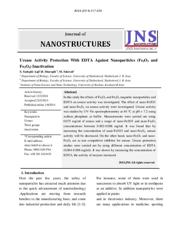 (PDF) Urease Activity Protection with Edta Against Nanoparticles (FE2O3 ...