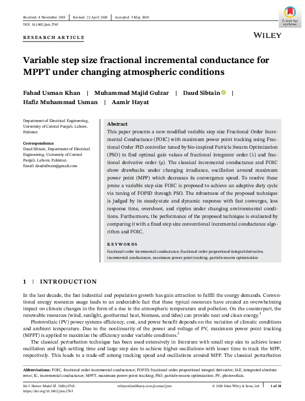 (PDF) Variable step size fractional incremental conductance for MPPT under changing atmospheric ...