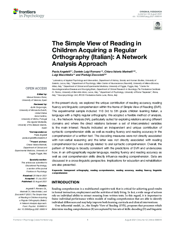 (PDF) The Simple View of Reading in Children Acquiring a Regular ...