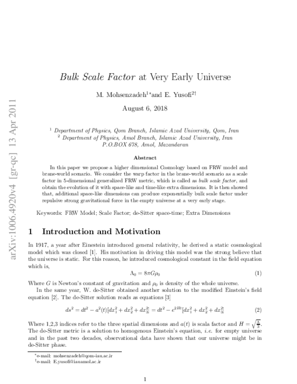 (PDF) Bulk Scale Factor at Very Early Universe