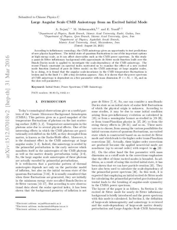 Pdf Large Angular Scale Cmb Anisotropy From An Excited Initial Mode