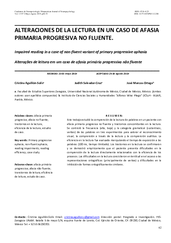 (PDF) Alteraciones de la lectura en un caso de afasia primaria progresiva no fluente
