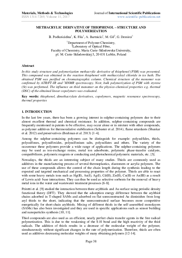 (PDF) Methacrylic Derivative of Thiophenol – Structure and Polymerization