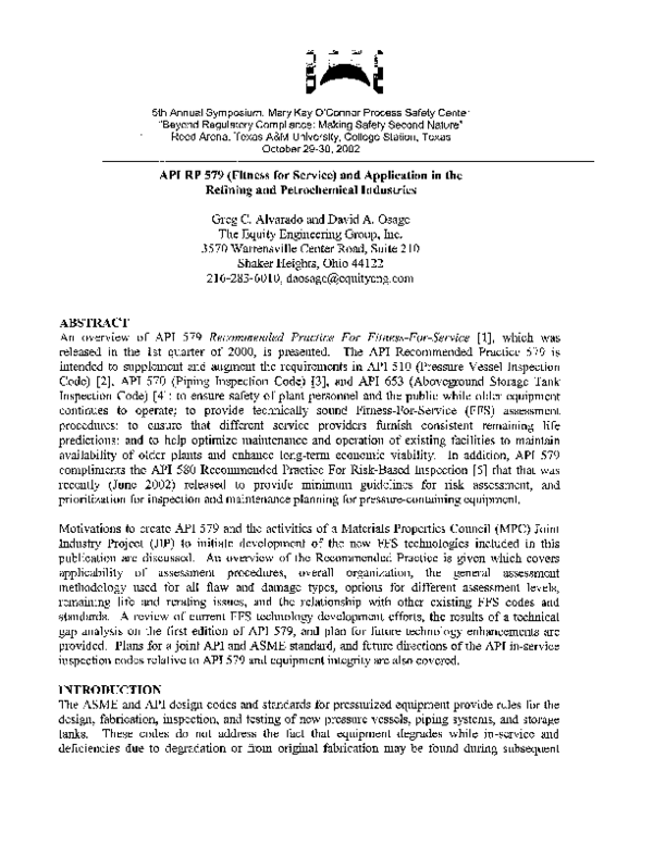 (PDF) API RP 579 (Fitness for Service) and Application in the Refining and Petrochemical Industries