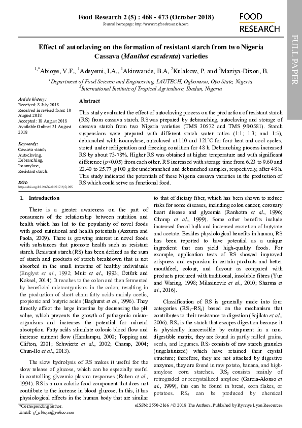 (PDF) Effect of autoclaving on the formation of resistant starch from two Nigeria Cassava ...