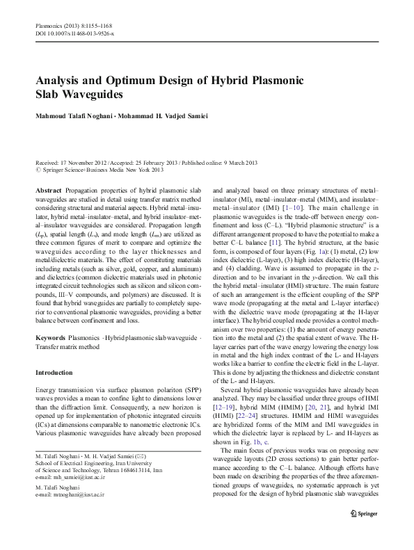(PDF) Analysis and Optimum Design of Hybrid Plasmonic Slab Waveguides