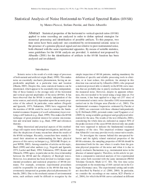 Pdf Statistical Analysis Of Noise Horizontal To Vertical Spectral Ratios Hvsr