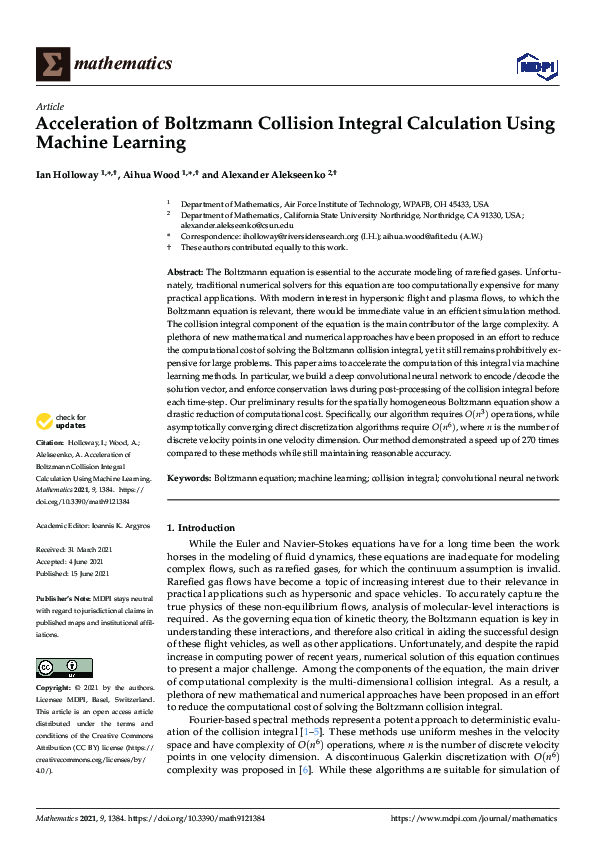 (PDF) Acceleration of Boltzmann Collision Integral Calculation Using Machine Learning
