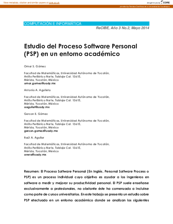 (PDF) Estudio del Proceso Software Personal (PSP) en un entorno académico