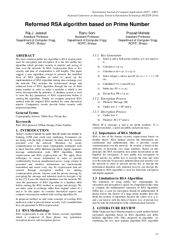 Pdf Reformed Rsa Algorithm Based On Prime Number 3386