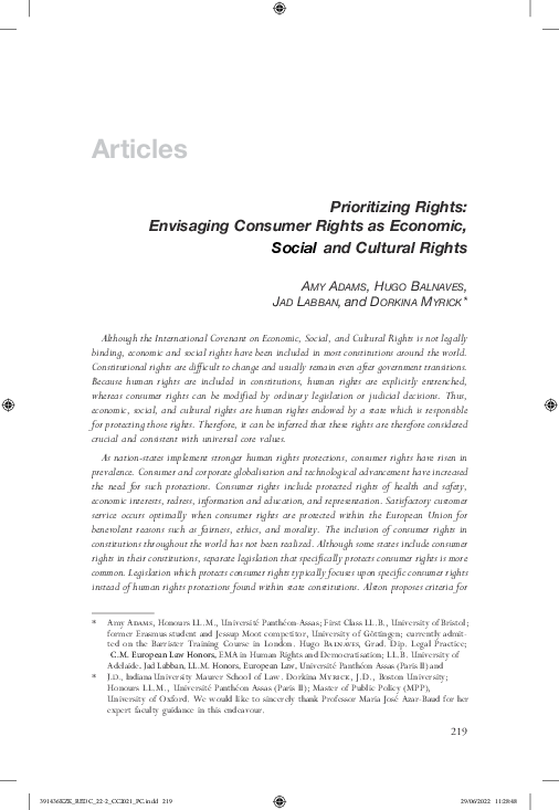 (PDF) Prioritizing Rights: Envisaging Consumer Rights as Economic ...