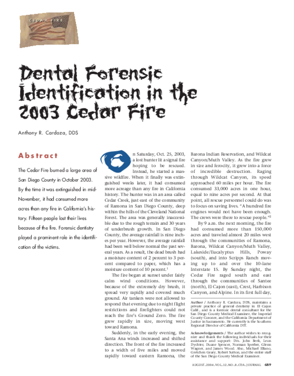 (PDF) Dental forensic identification in the 2003 Cedar Fire