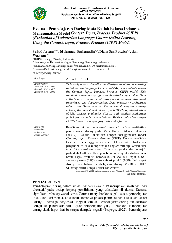 (PDF) Evaluasi Pembelajaran Daring Mata Kuliah Bahasa Indonesia Menggunakan Model Context, Input ...