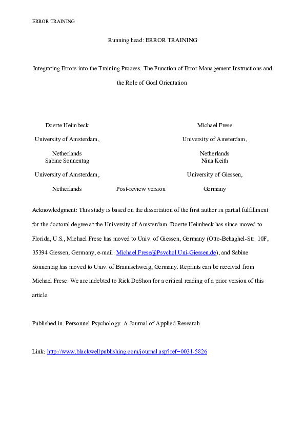 Pdf Integrating Errors Into The Training Process The Function Of Error Management
