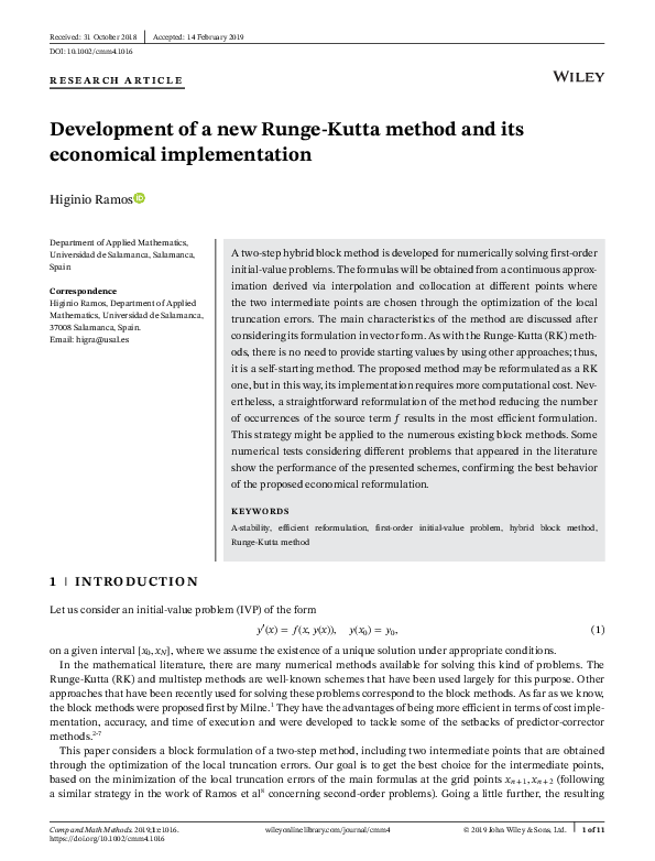 (PDF) Development of a new Runge‐Kutta method and its economical implementation