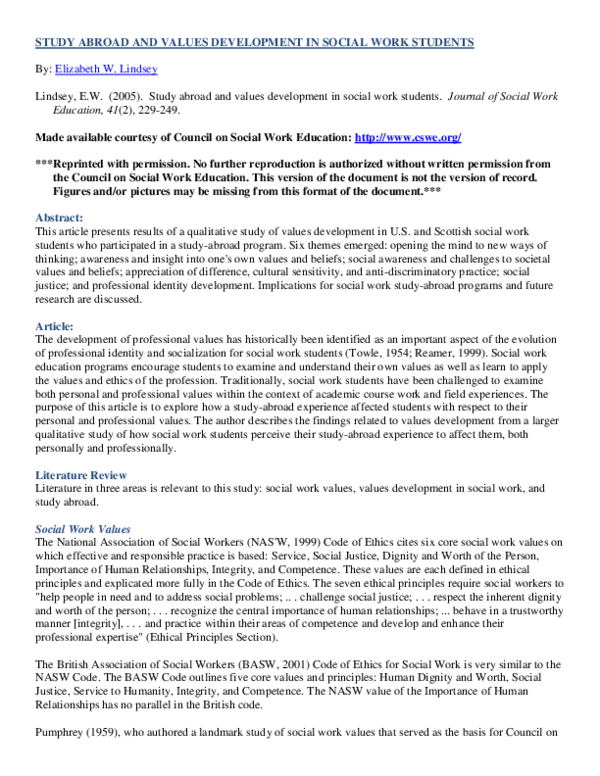 (PDF) Study Abroad and Values Development in Social Work Students