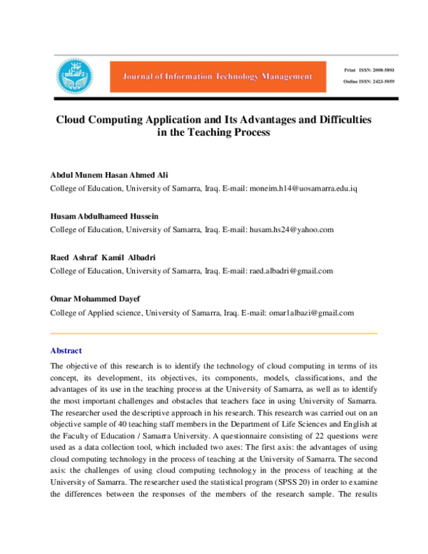 (PDF) Cloud Computing Application and Its Advantages and Difficulties in the Teaching Process