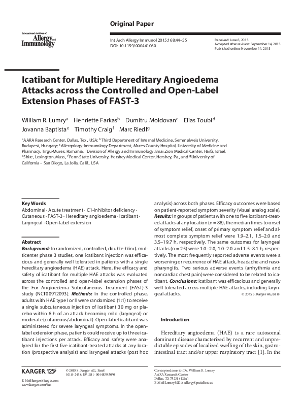(PDF) Icatibant for Multiple Hereditary Angioedema Attacks across the ...