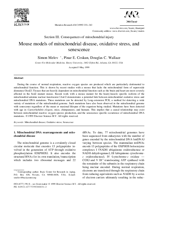 (PDF) Mouse models of mitochondrial disease, oxidative stress, and ...
