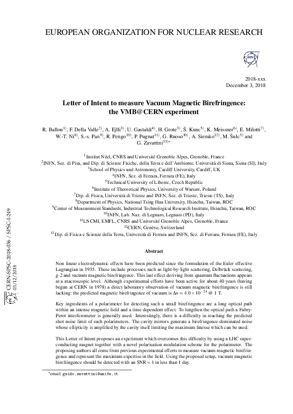 (PDF) Letter of Intent to measure Vacuum Magnetic Birefringence: the ...