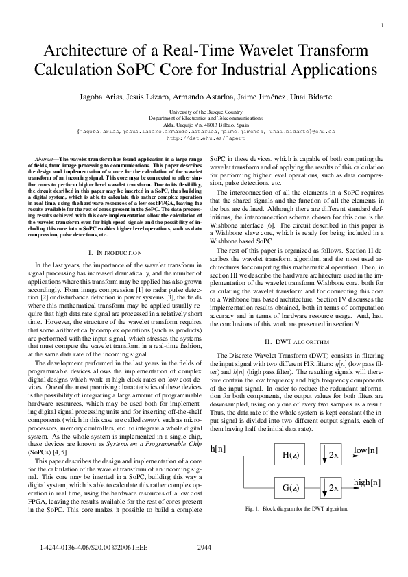 (PDF) Architecture of a Real-Time Wavelet Transform Calculation SoPC Core for Industrial ...