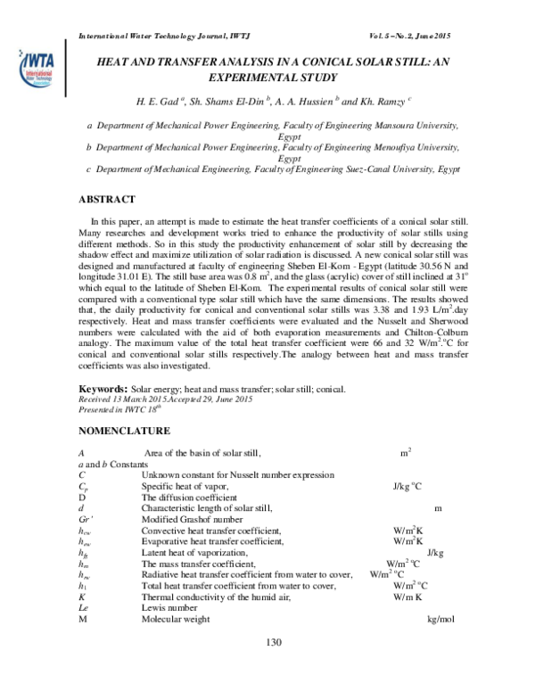 (PDF) Heat Transfer Analysis of Conical Solar Still Performance