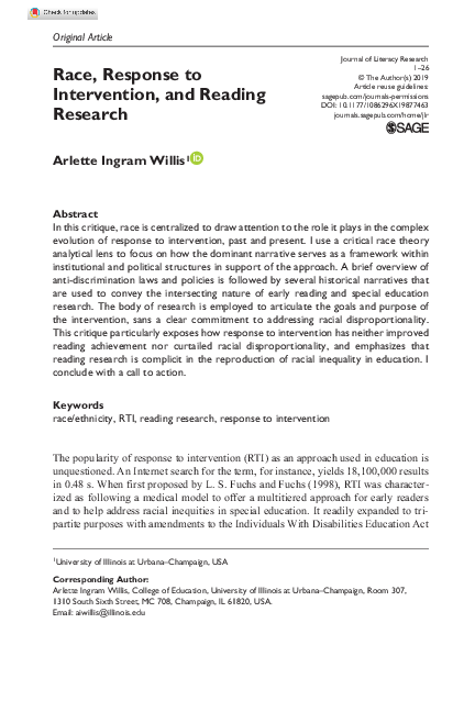 (PDF) Race, Response to Intervention, and Reading Research