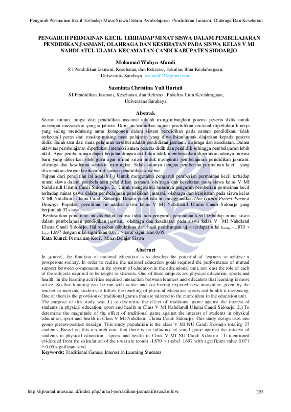 (PDF) Pengaruh Permainan Kecil Terhadap Minat Siswa Dalam Pembelajaran Pendidikan Jasmani ...