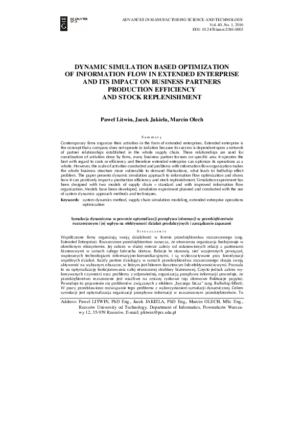 (PDF) Dynamic simulation based optimization of information flow in extended enterprise and its ...