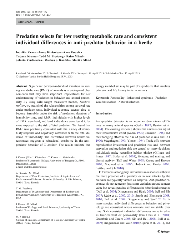 (PDF) Predation selects for low resting metabolic rate and consistent ...